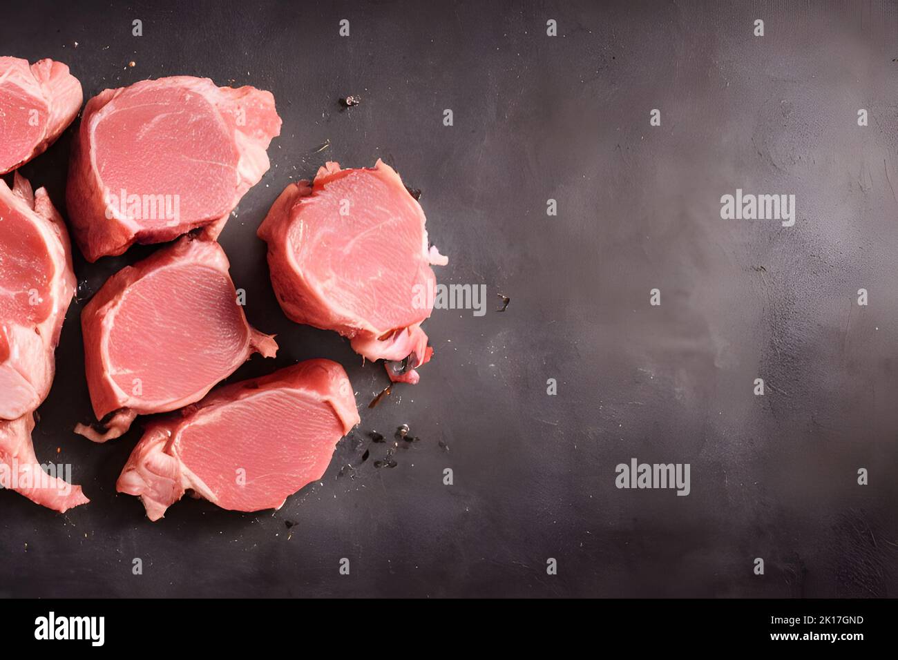 A top view of raw beef slices isolated in the gray background with copy ...