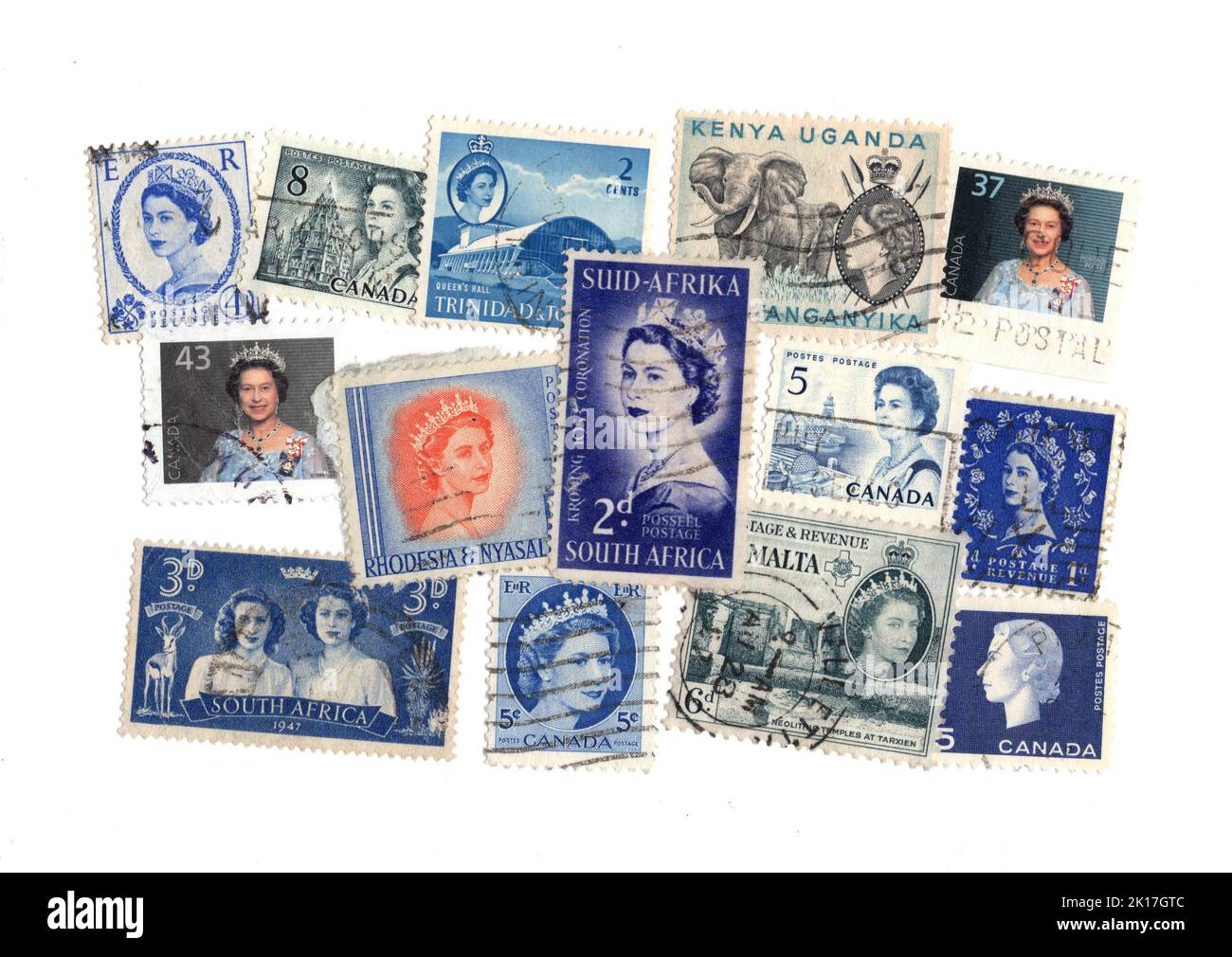 A montage of blue vintage Queen Elizabeth II stamps from around the ...