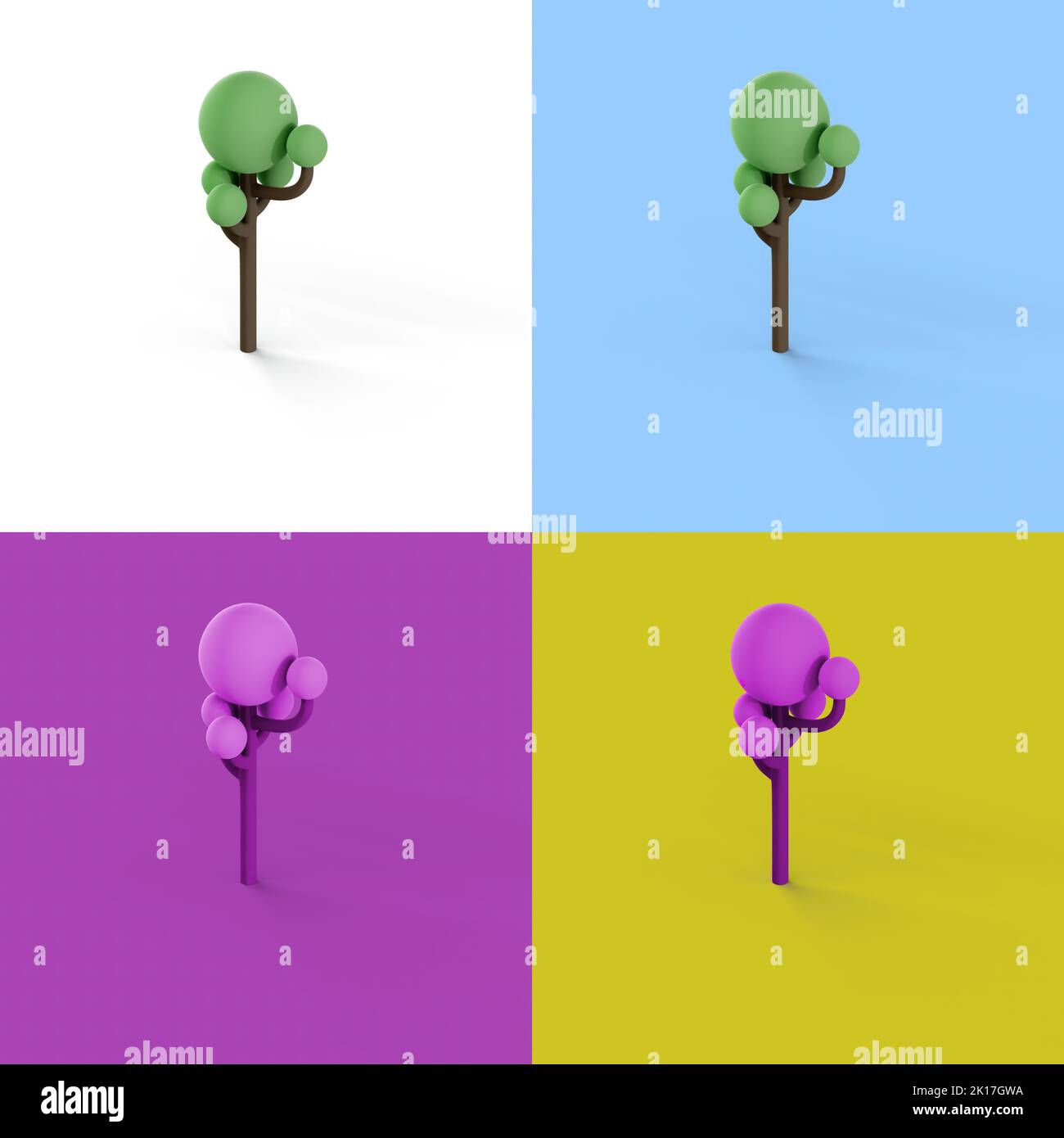 A collage of 3D rendered trees in four different vibrant colors Stock ...