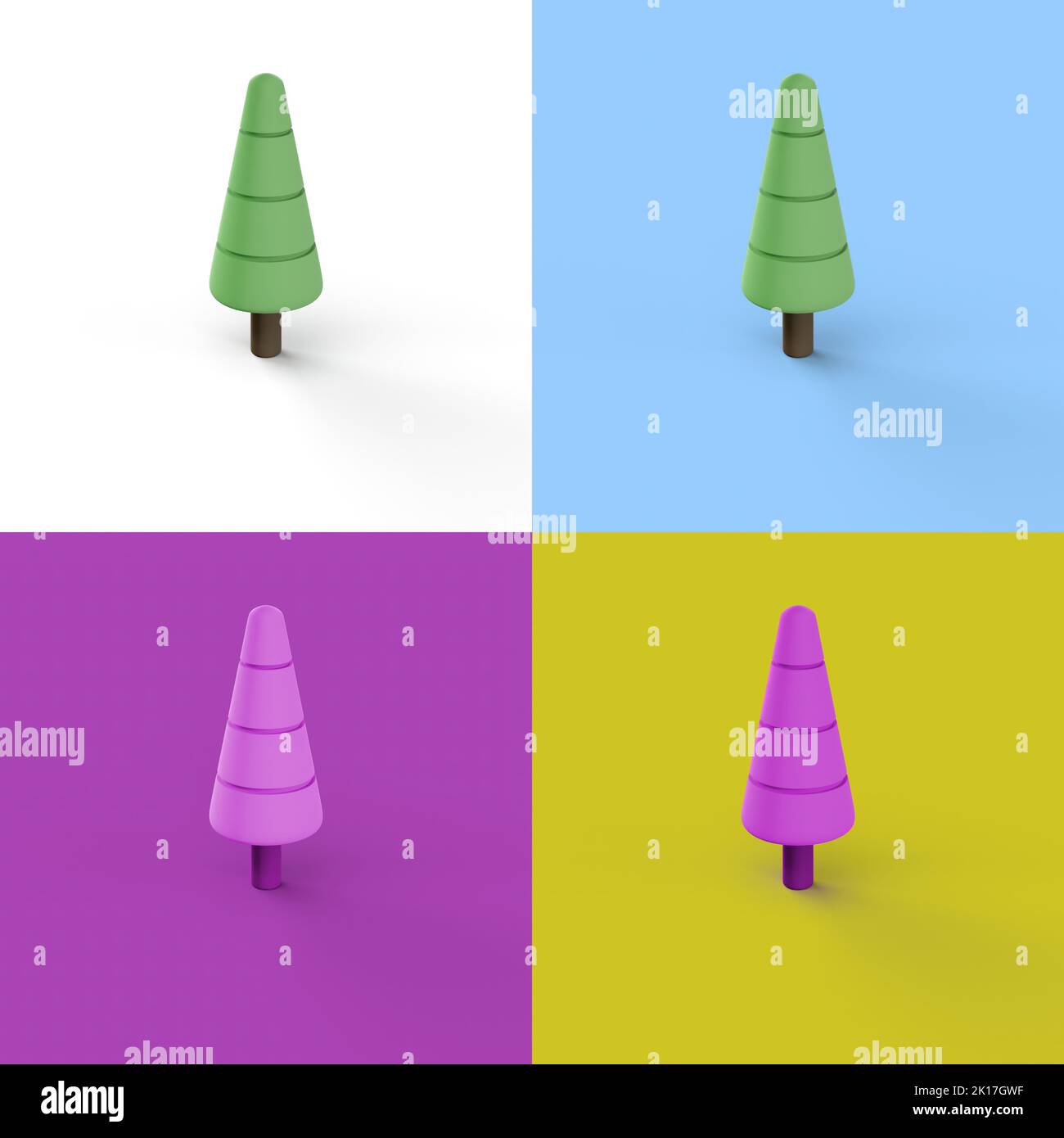 A collage of 3D rendered trees in four different vibrant colors Stock ...