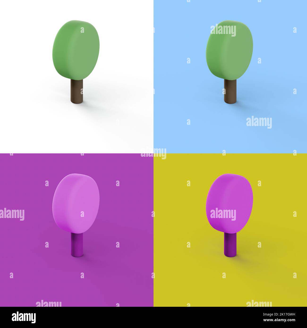 A collage of 3D rendered trees in four different vibrant colors Stock ...