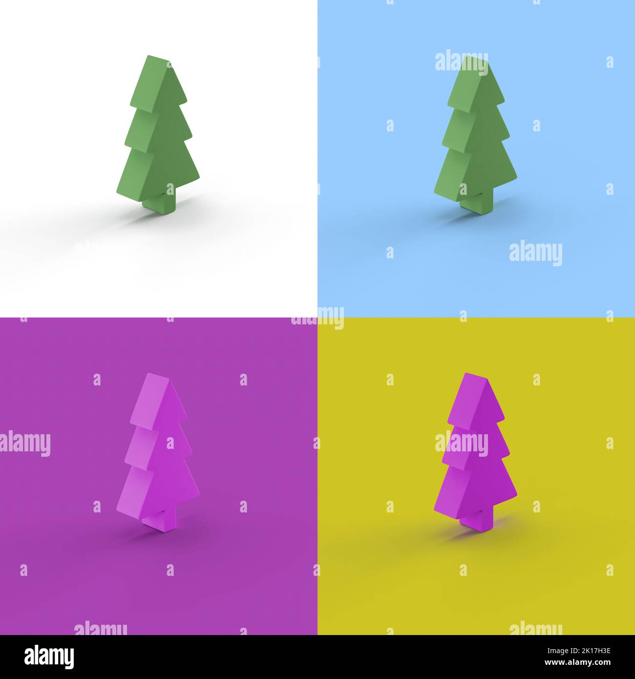 A collage of 3D rendered trees in four different vibrant colors Stock ...