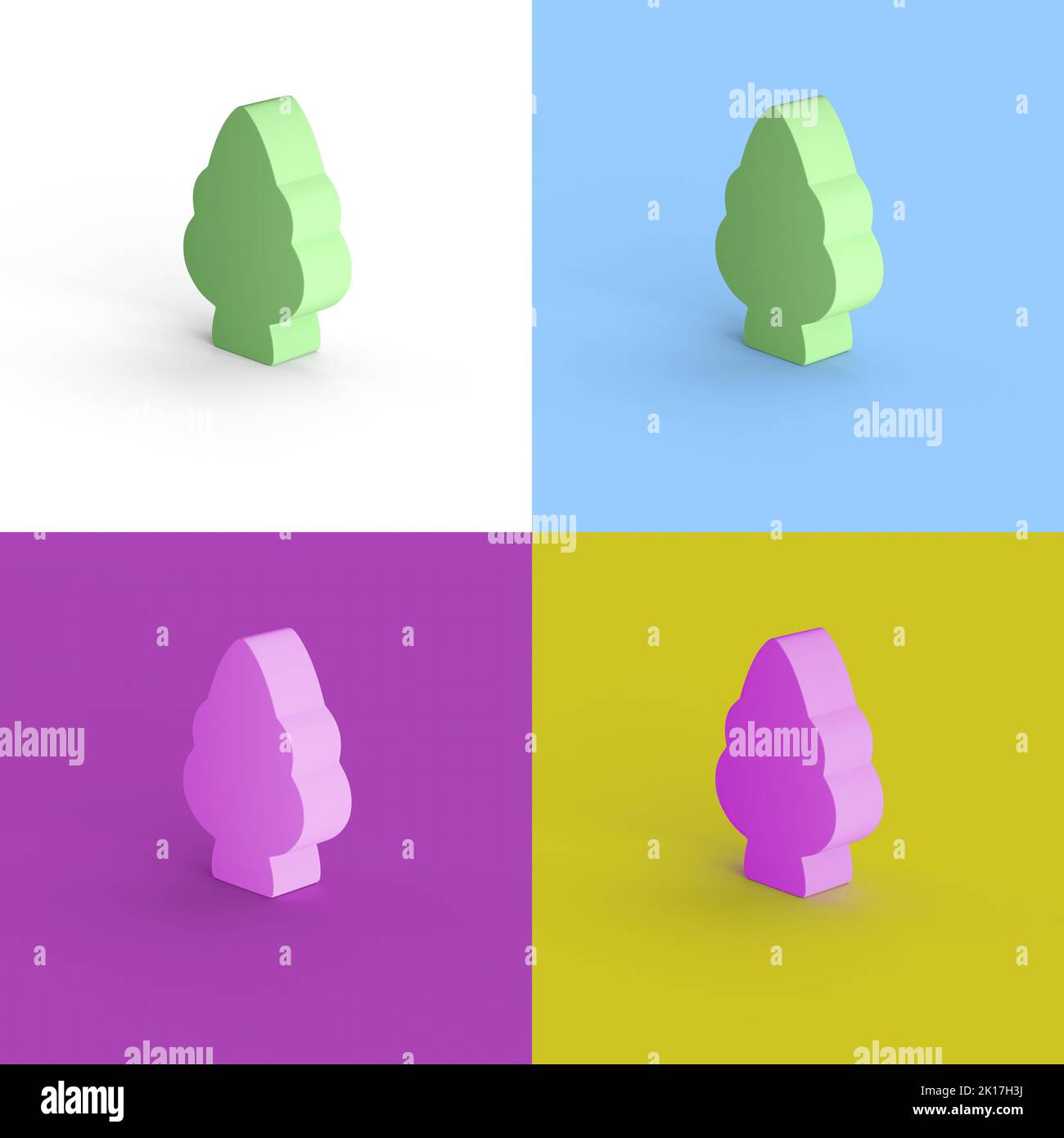 A collage of 3D rendered trees in four different vibrant colors Stock ...