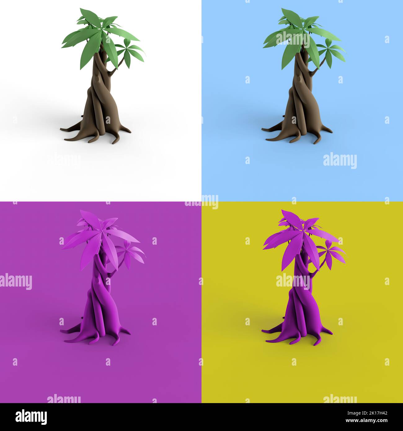 A collage of 3D rendered trees in four different vibrant colors Stock ...