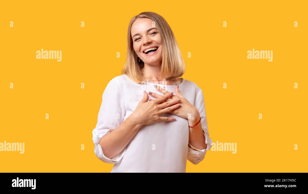 Grateful woman. Surprise greeting. Luck success congratulation ...