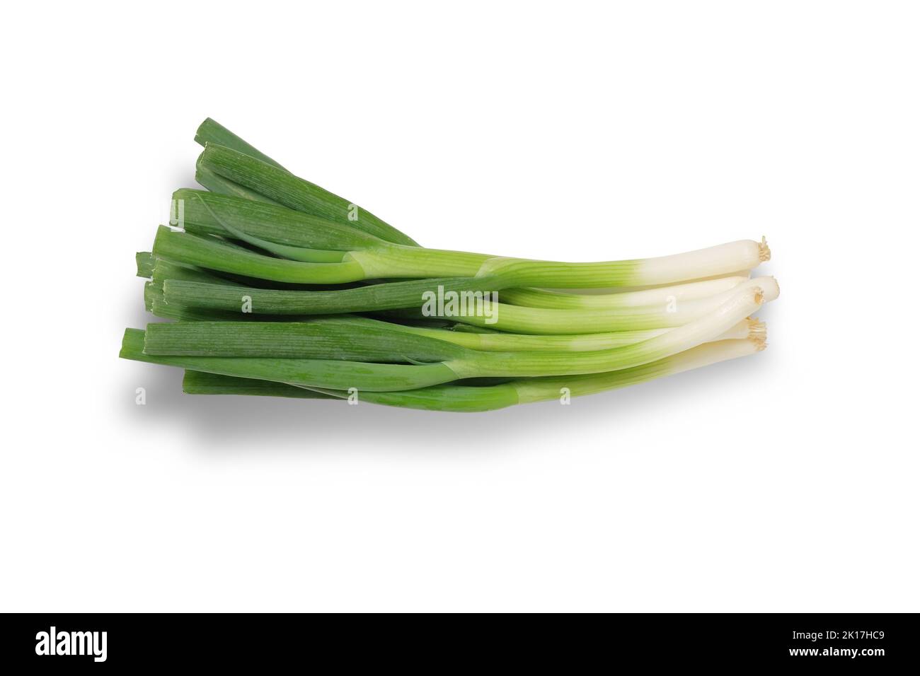 Bunch of spring onions isolated on white background, shot from above ...