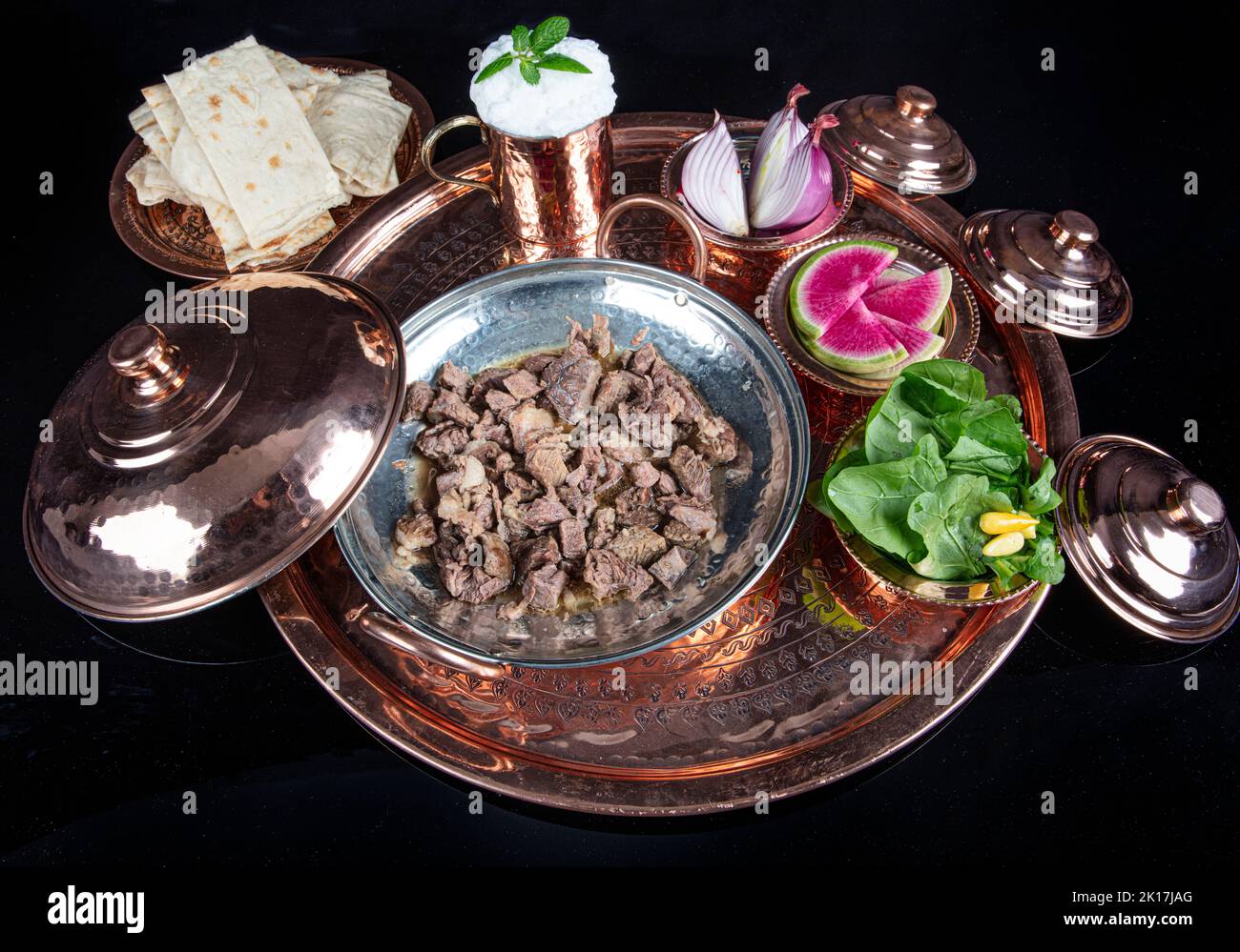 Turkish Food Et Kavurma. Meat Saute Turkish Et sote on black ground ...