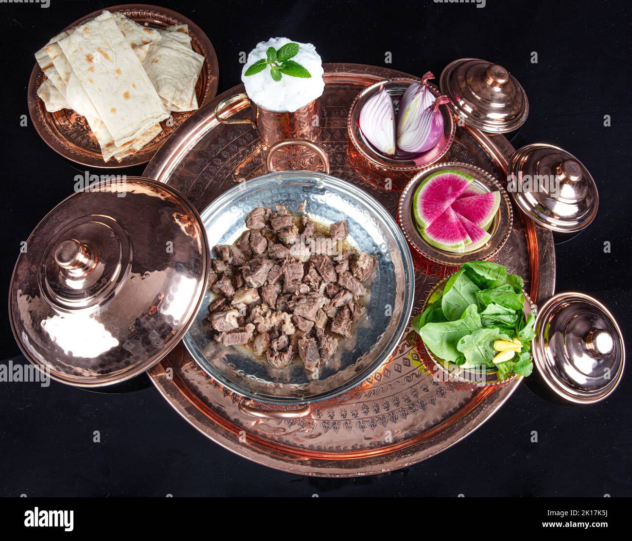 Turkish Food Et Kavurma. Meat Saute Turkish Et sote on black ground ...