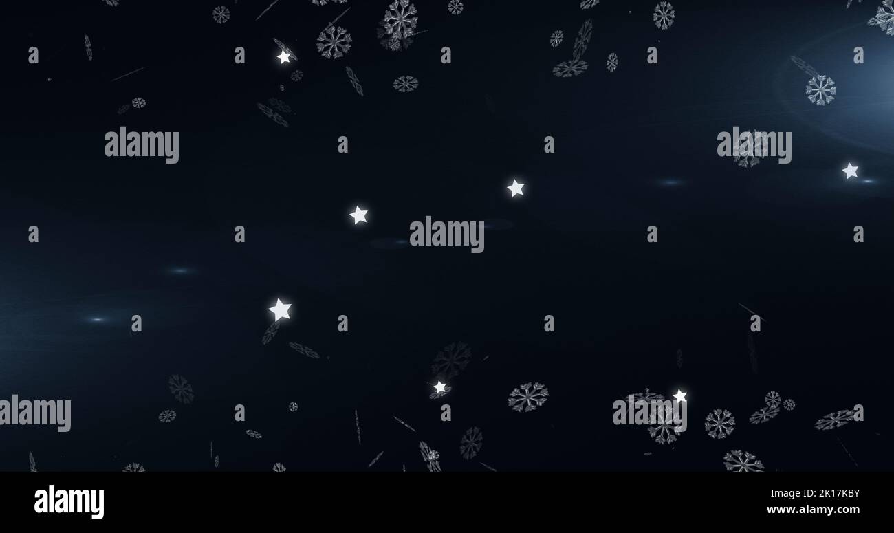 Image of snowflakes and stars falling on black background Stock Photo ...
