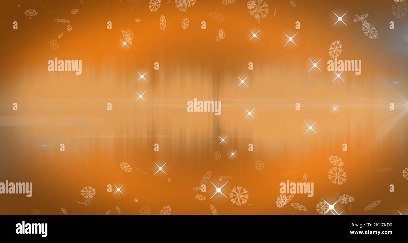 Image of snowflakes and stars falling on orange background Stock Photo ...