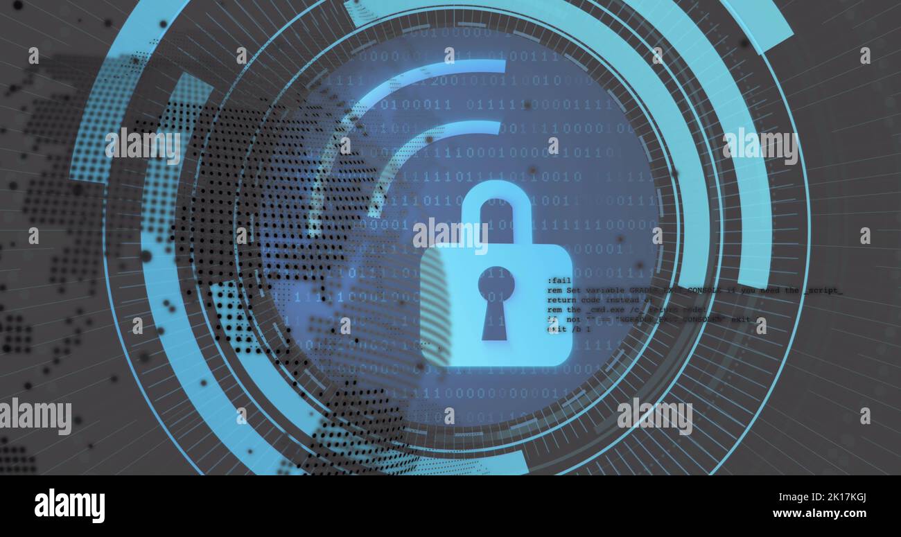 Image of scope scanning with padlock icon and data processing over globe on black background ...