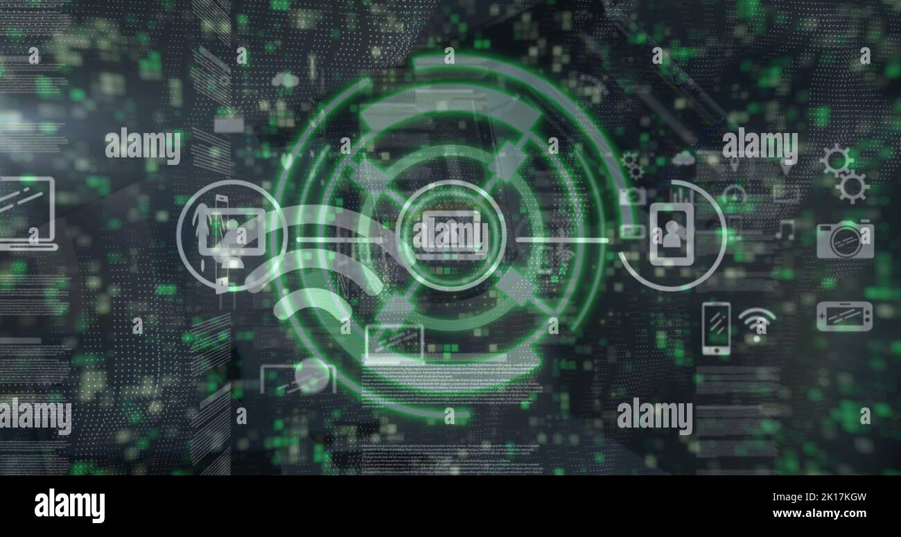 Image of scope scanning over network of connections with icons and moving columns Stock Photo ...