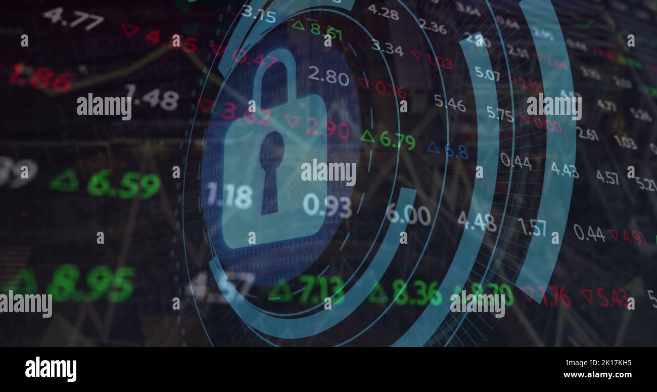 Image of scope scanning with padlock icon and graph over stock market ...