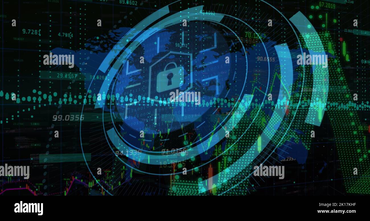 Image of scope scanning with padlock icon over data processing and world map on black background ...