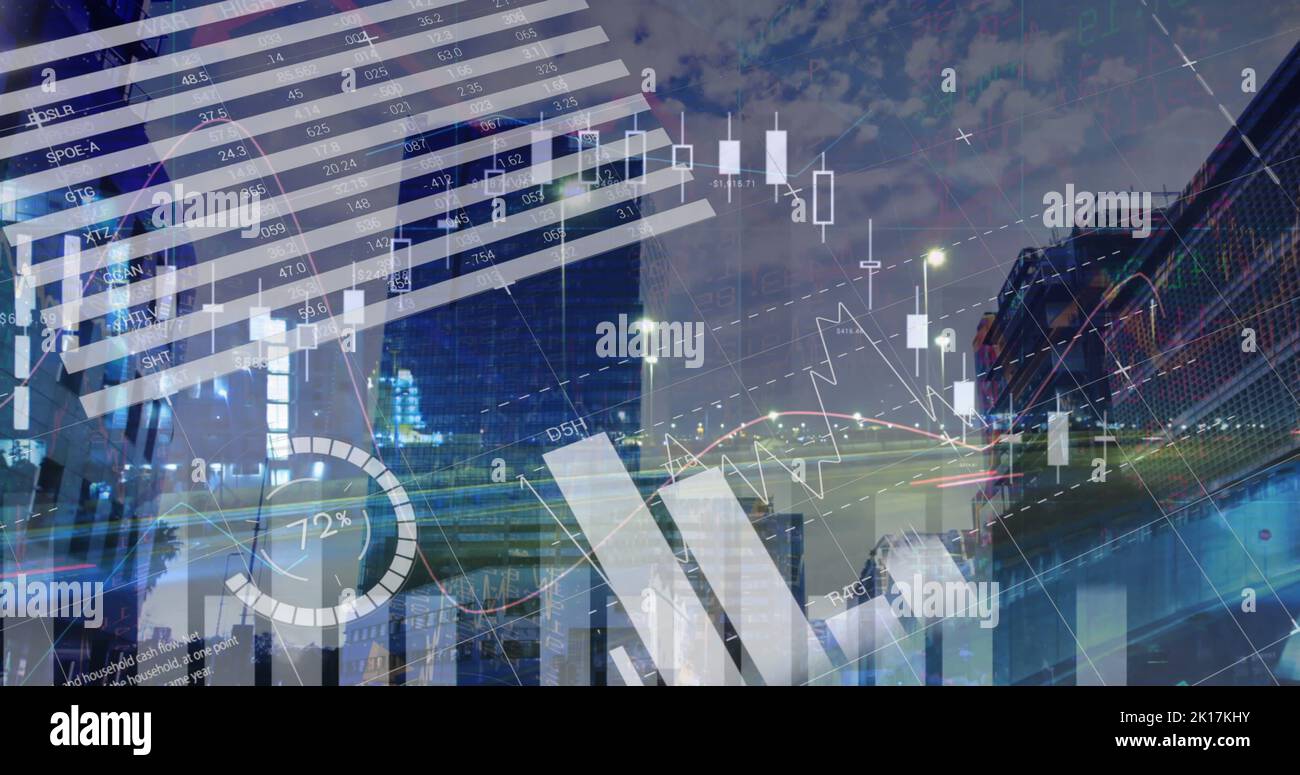 Image of statistical data processing over city traffic at night against ...