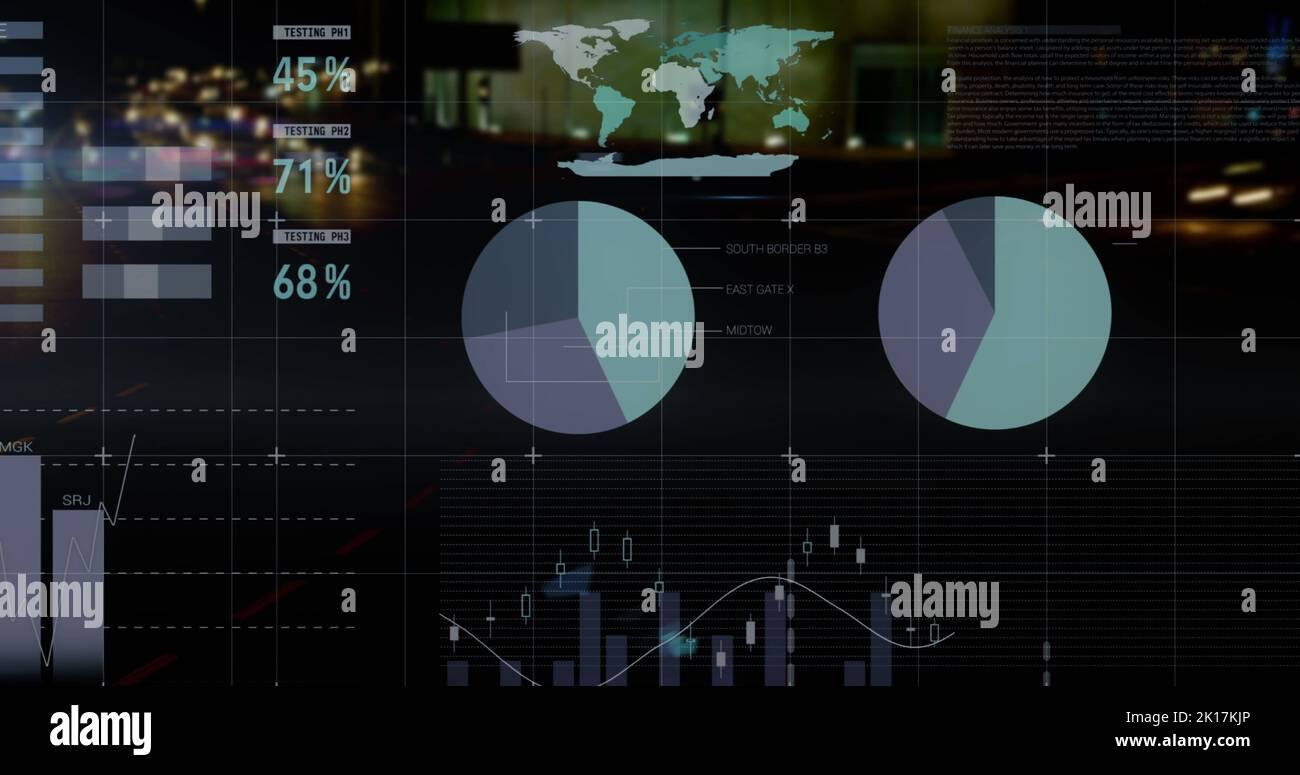 Image of statistical data processing against city traffic at night ...