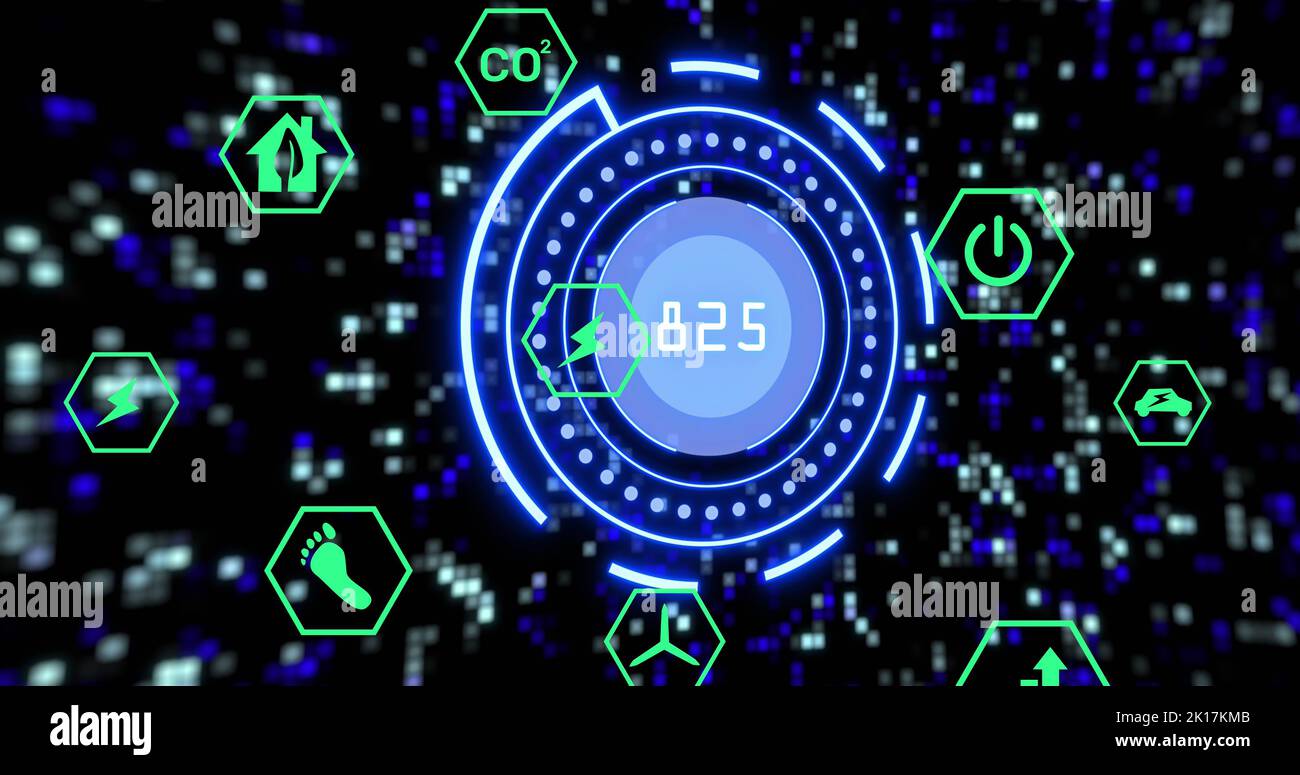 Image of scope scanning with data processing abd icons over moving columns Stock Photo - Alamy