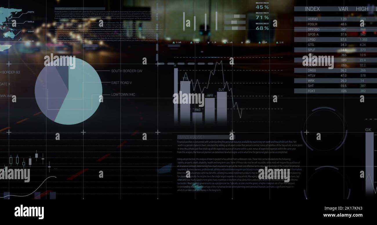 Image of statistical data processing against city traffic at night ...