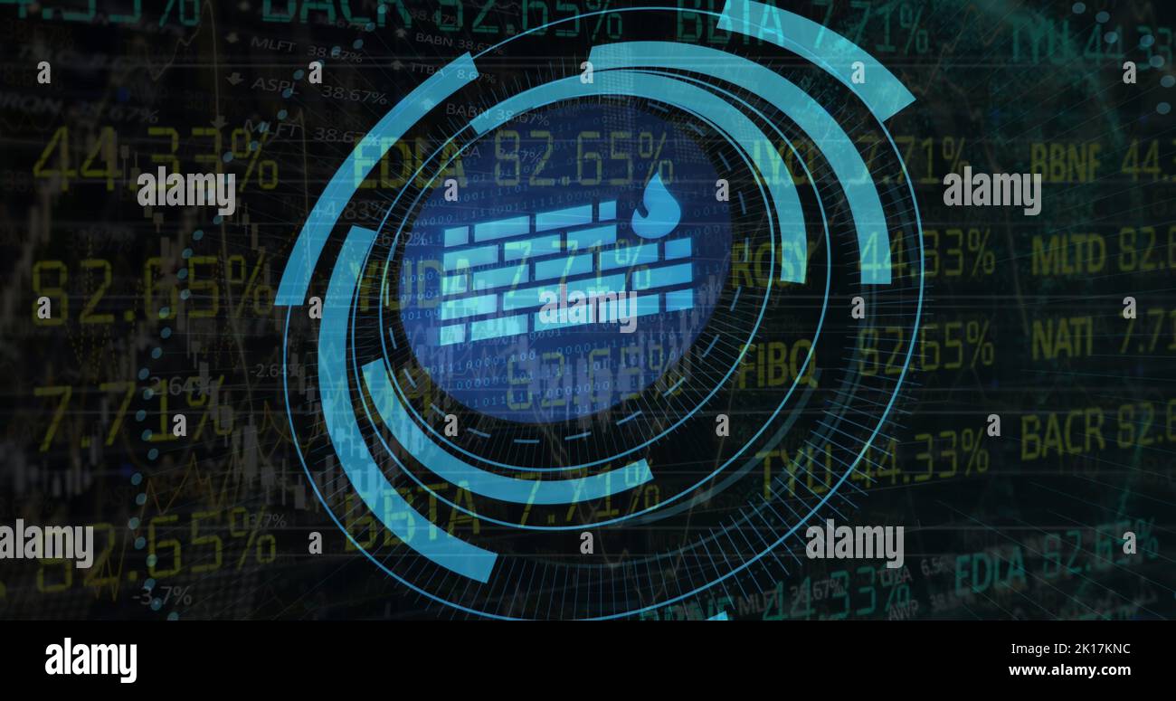 Image of scope scanning with wall icon and graph over stock market on ...