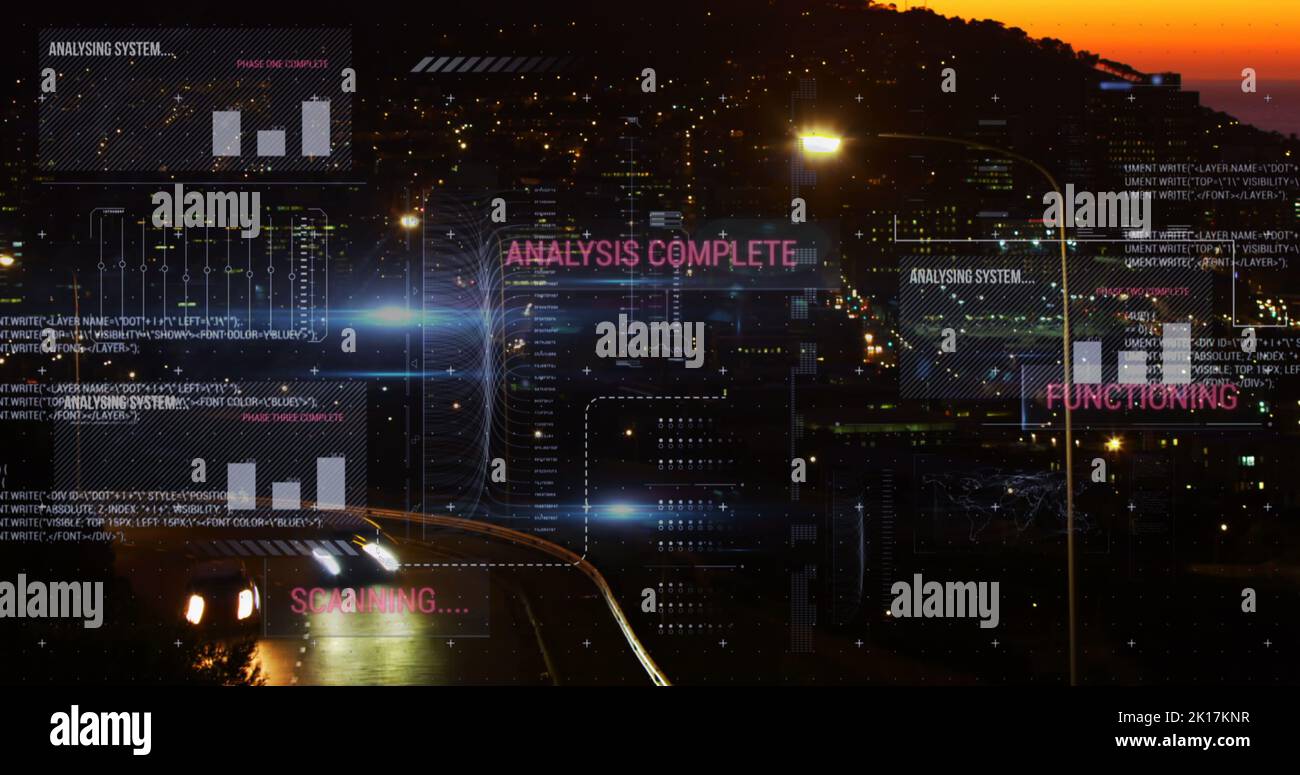 Image of interface with data processing against aerial view of city ...