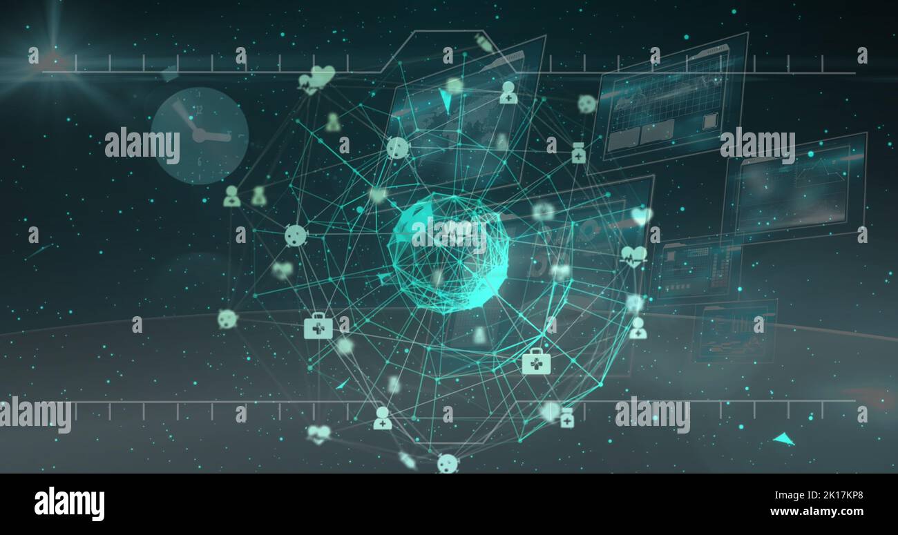 Image of data processing over clock and globe Stock Photo - Alamy