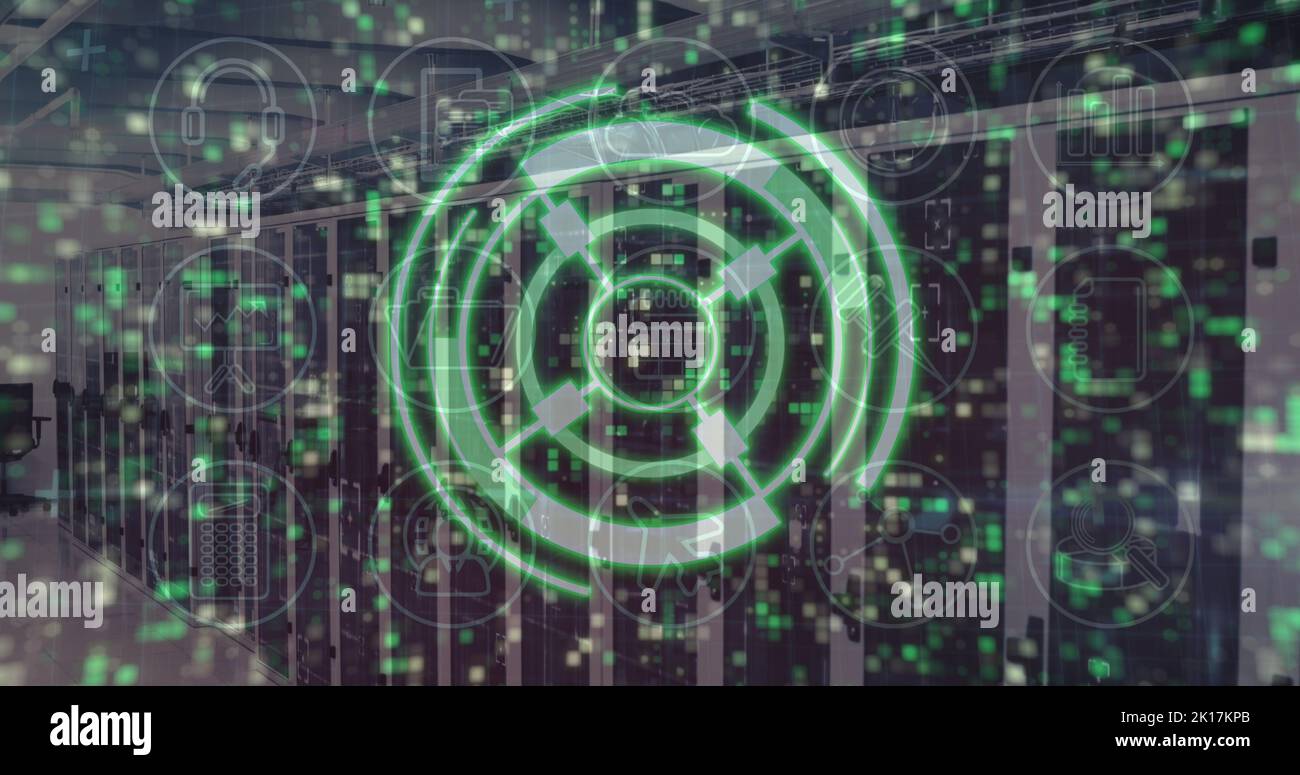 Image of scope scanning with icons and moving columns over server room Stock Photo - Alamy