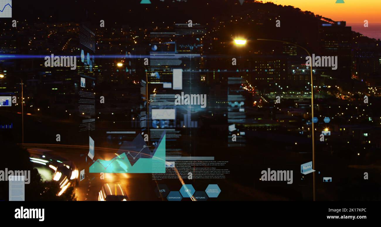 Image of statistical data processing against aerial view of city ...