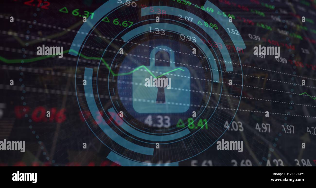 Image of scope scanning with padlock icon and graph over stock market ...