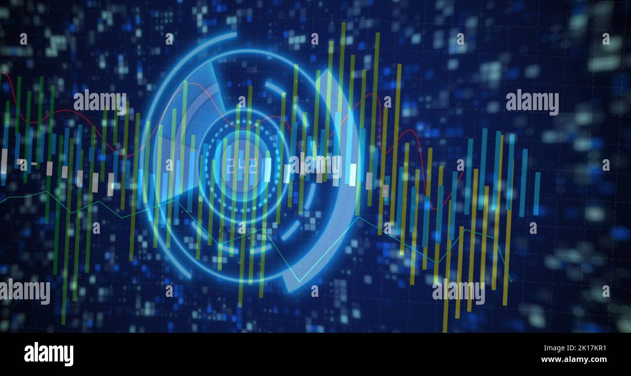 Image of graph over scope scanning with data processing and moving columns Stock Photo - Alamy
