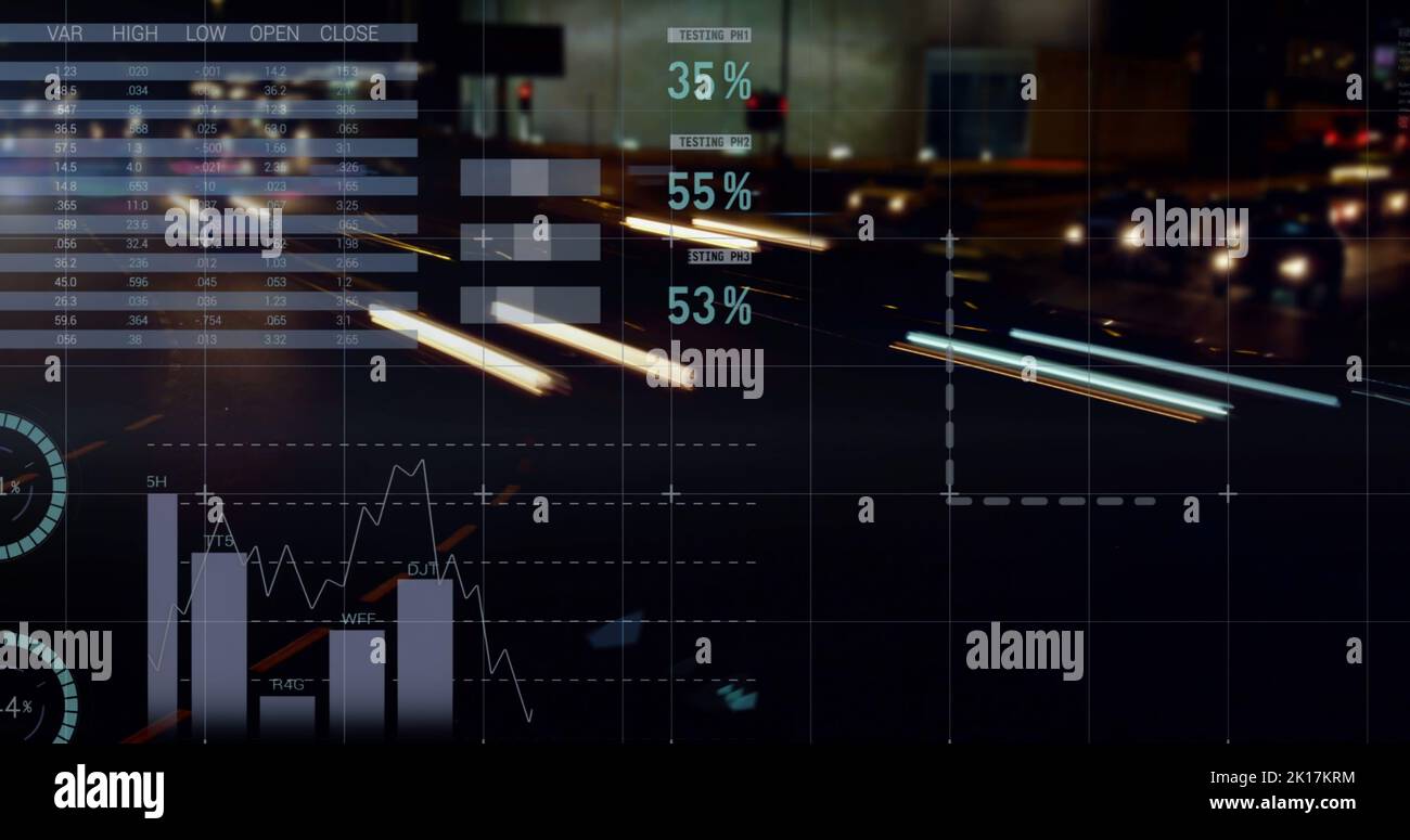 Image of statistical data processing against city traffic at night ...