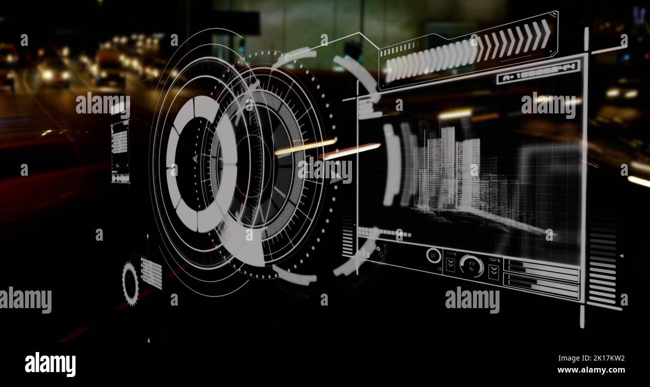Image of interface with data processing against aerial view of city ...