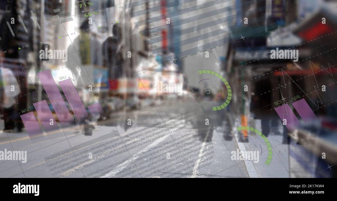 Image of statistical data processing against time-lapse of people ...