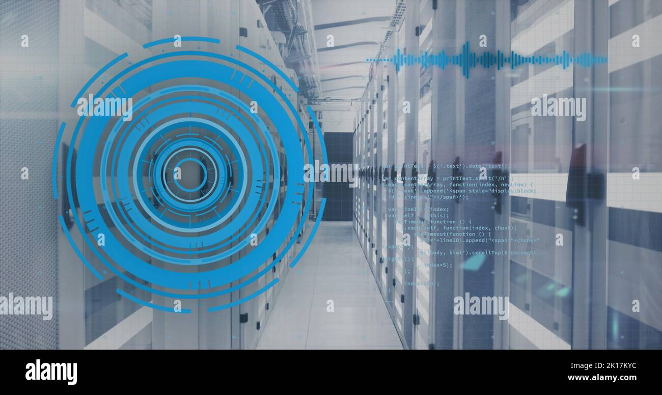 Image of digital data processing over server room Stock Photo - Alamy