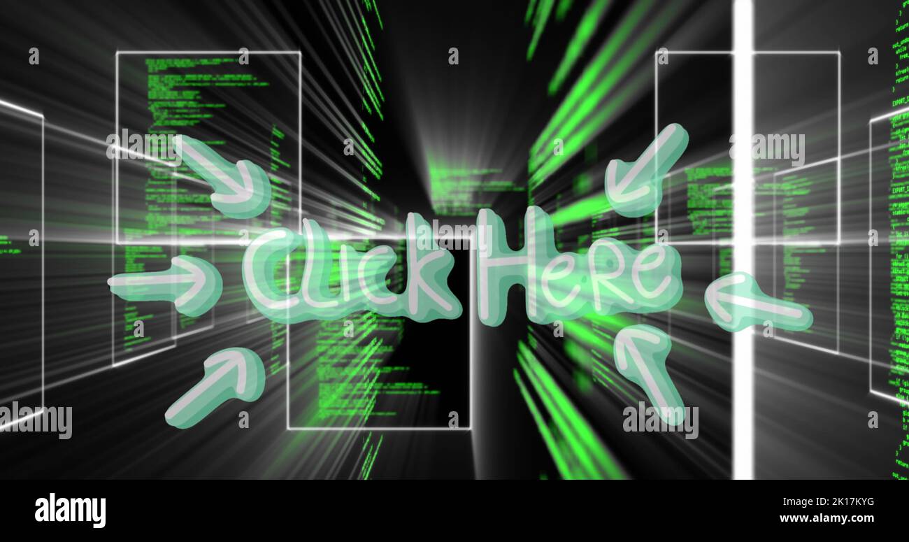 Image of click here text banner over screens with data processing black background Stock Photo ...