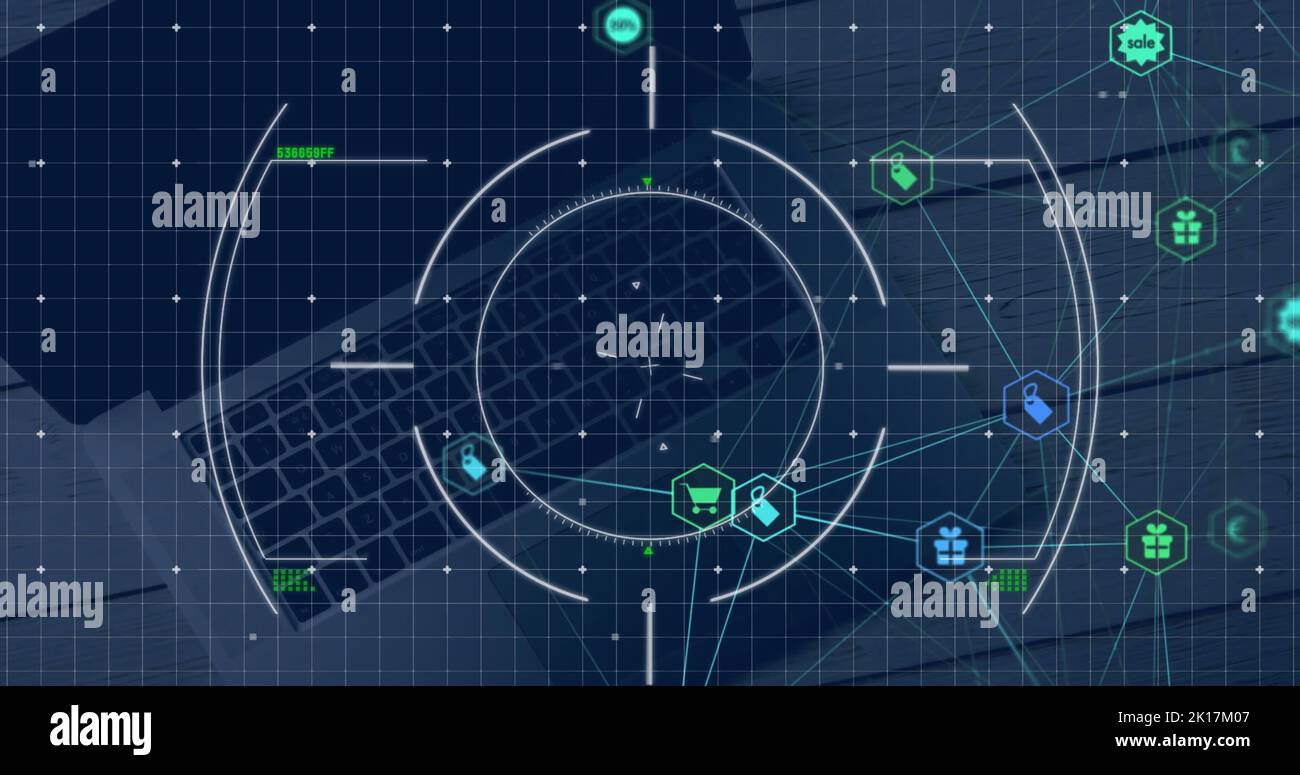 Image of network of connections over laptop and scope scanning Stock ...