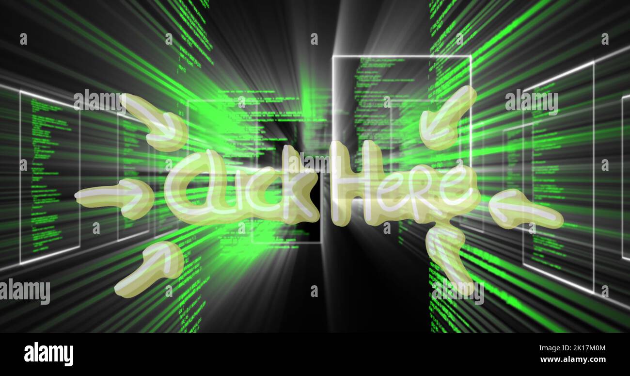 Image of click here text banner over screens with data processing black background Stock Photo ...