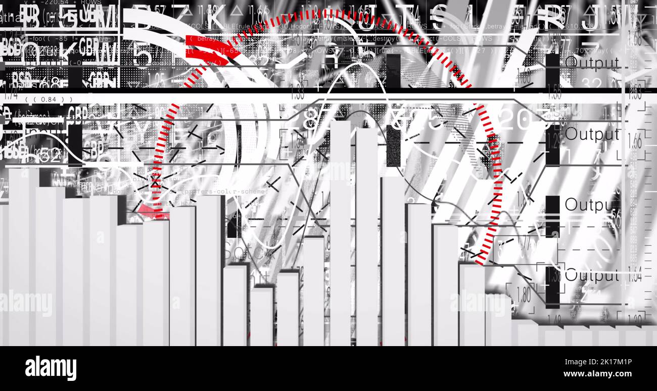 Image of red circle and glitch technique, graphs and alphabets over ...