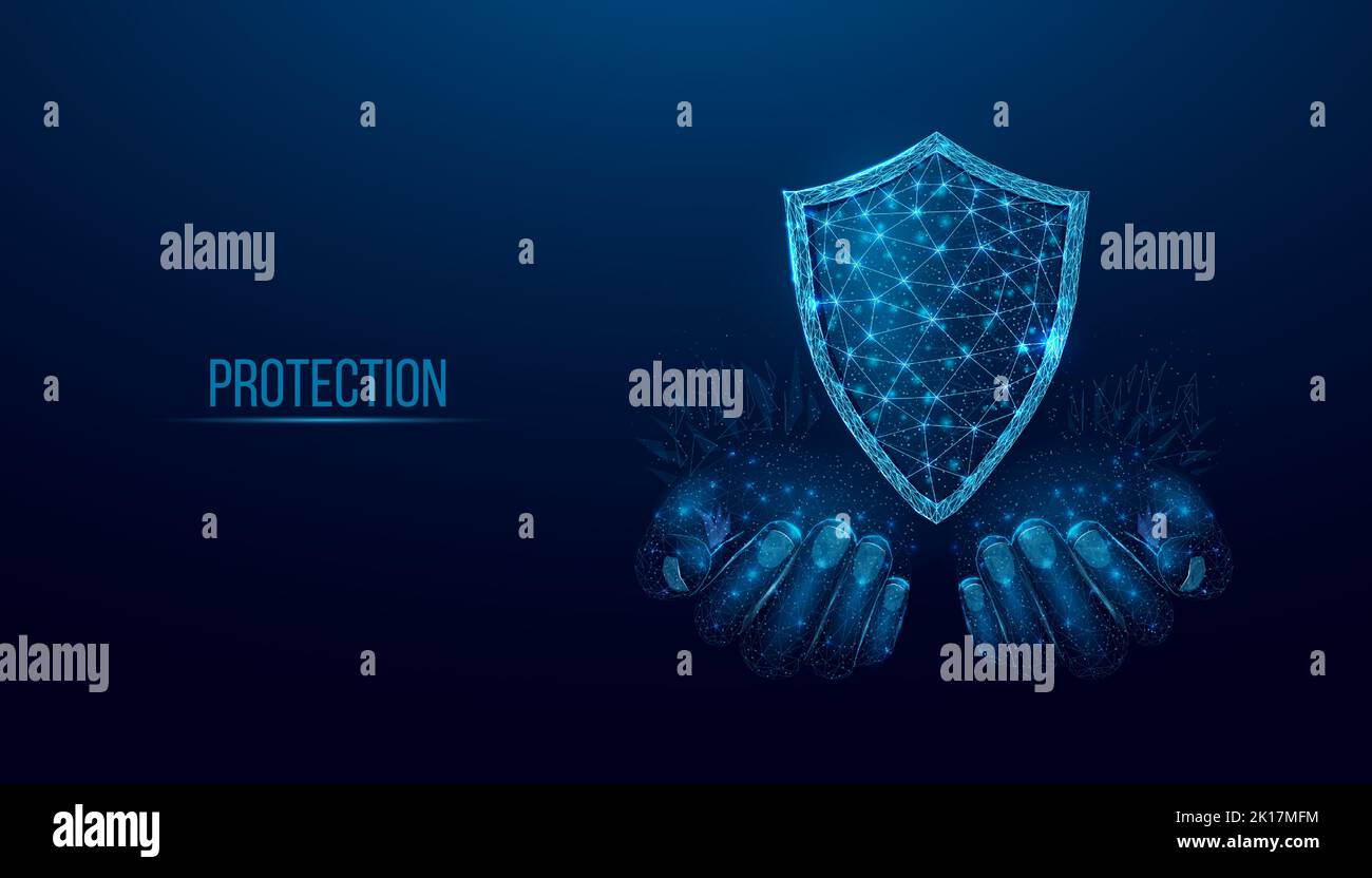 Two human hands hold a shield. Wireframe glowing low poly guard. Design ...
