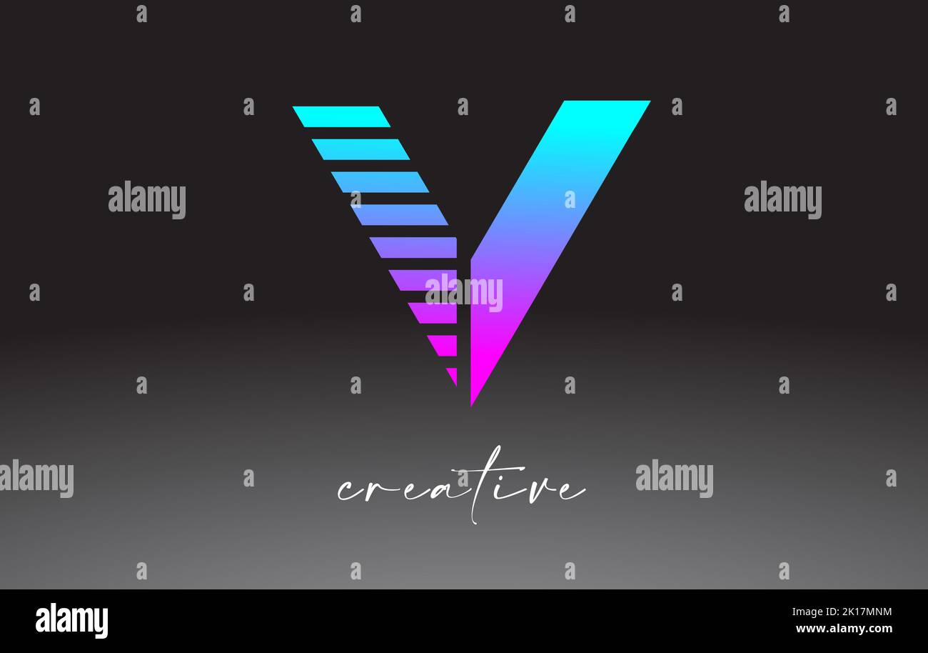 Purple Blue Neon Lines Letter V Logo Design with Creative Lines Cut on ...