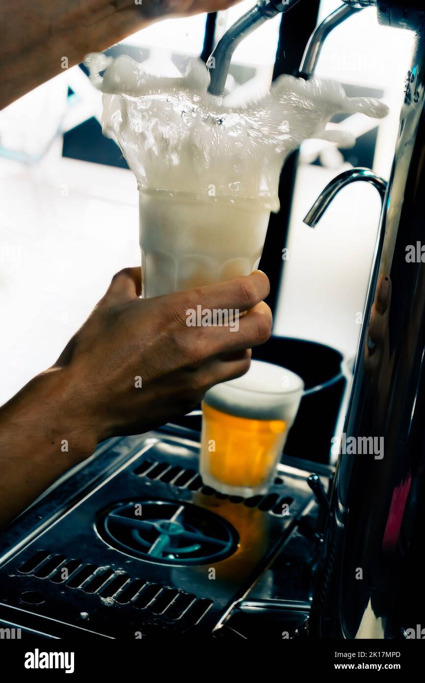 Barman Hand On Beer Tap Pouring Foam From Empty Barrel Hand Pouring