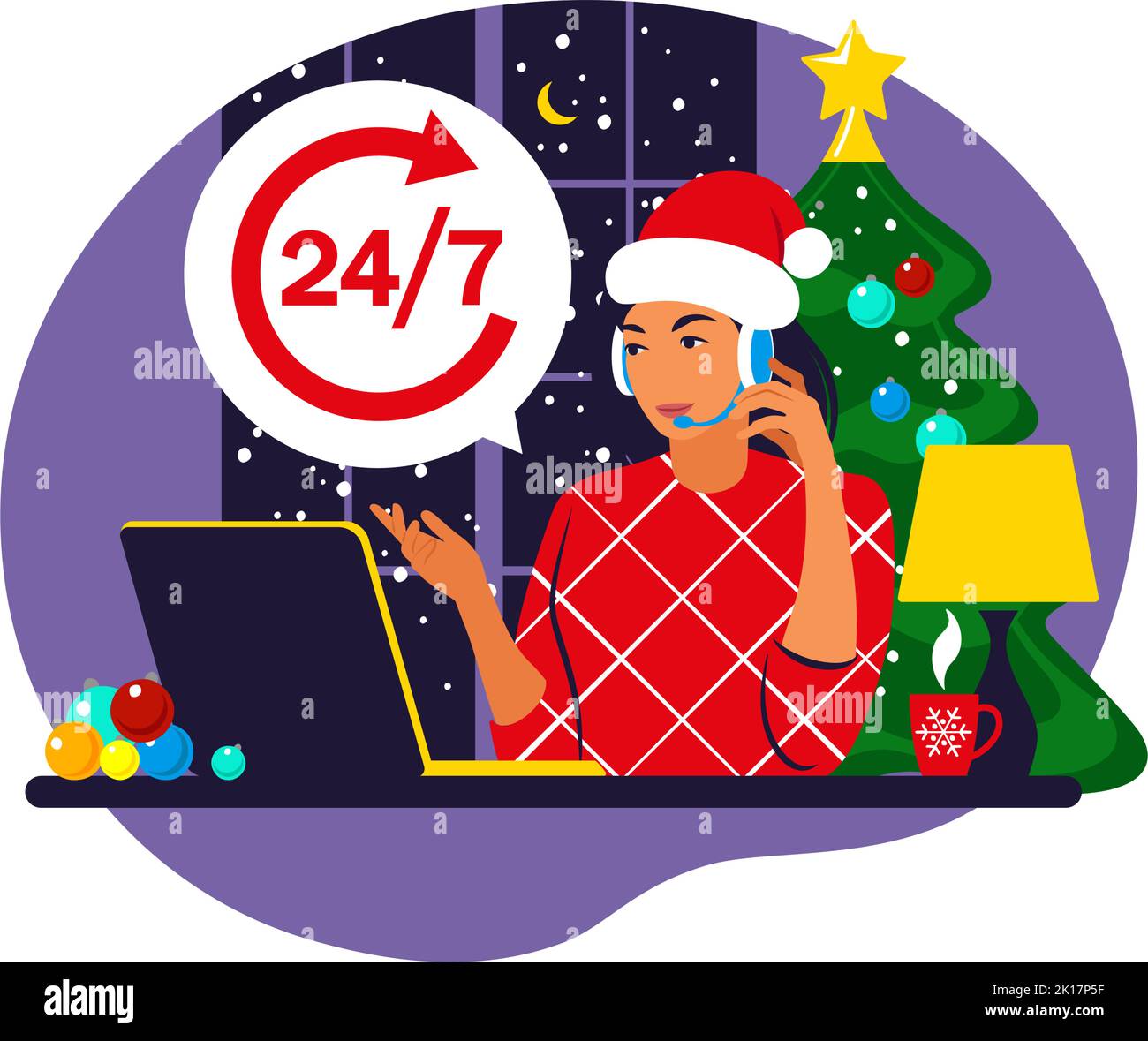 Service 24 7 concept. Girl in a Santa hat communicates with customers ...