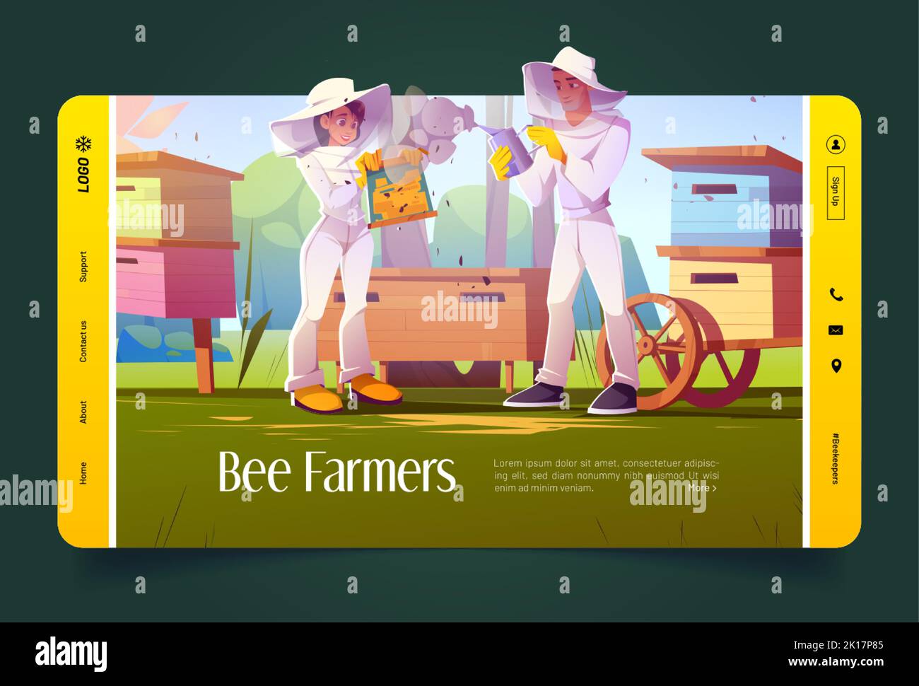 Bee farmers cartoon landing page, beekeepers work on apiary smoking ...