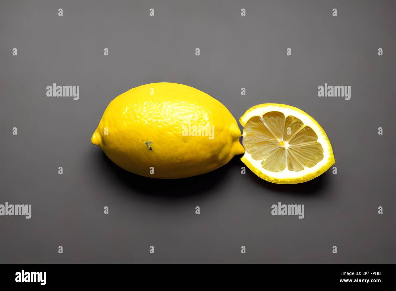 A whole lemon and a slice on gray surface with copyspace Stock Photo ...