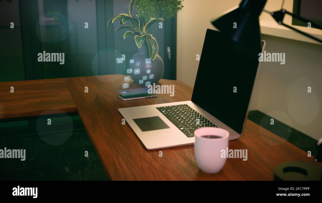 Laptop side view with mobile and UI screen in 3d Stock Photo - Alamy