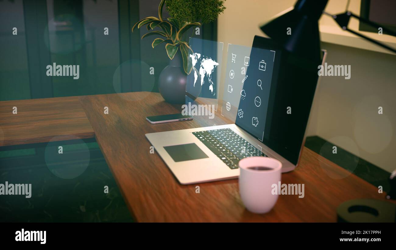 laptop side view with ui on laptop screen Stock Photo - Alamy