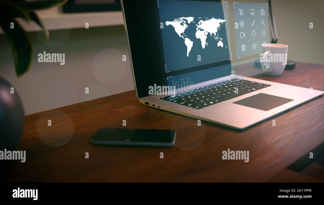 mobile phone in front of laptop UI on laptop screen Stock Photo - Alamy