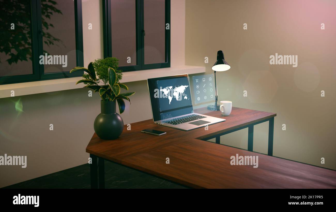 Wide shot laptop on desk UI on laptop Stock Photo - Alamy