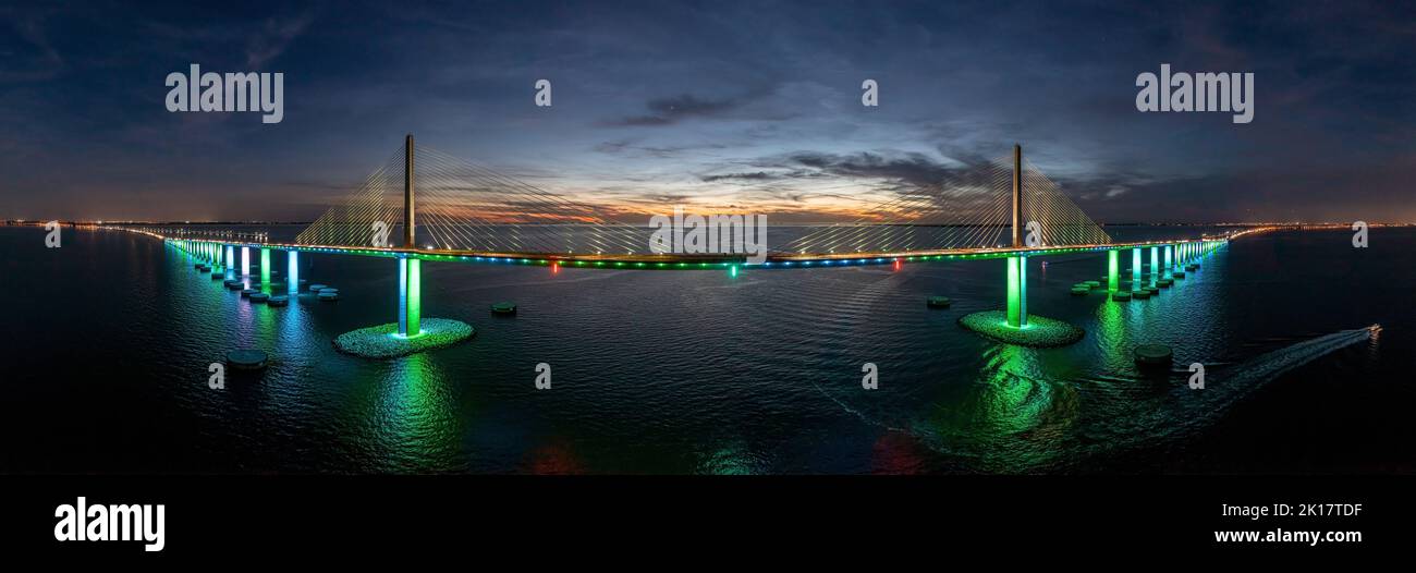 Drone panorama of Sunshine Skyway Bridge over Tampa Bay at night Stock ...