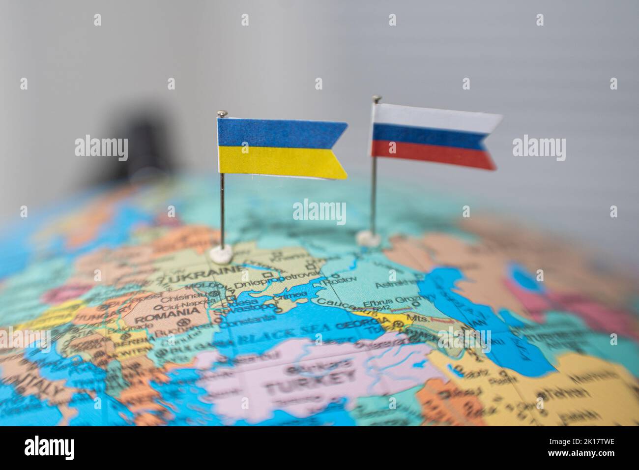 Ukraine and Russia flags on geopolitical map. Russia and Ukraine war ...