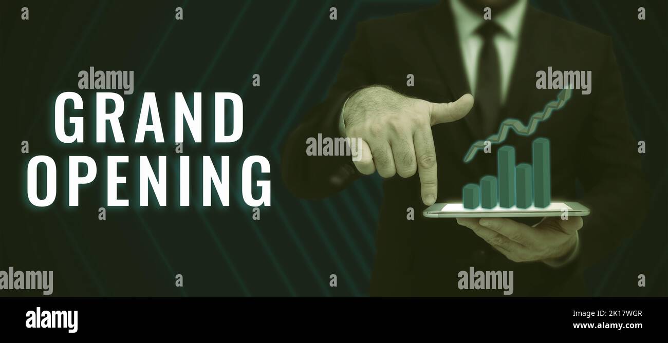 Sign displaying Grand Opening. Word Written on Ribbon Cutting New ...